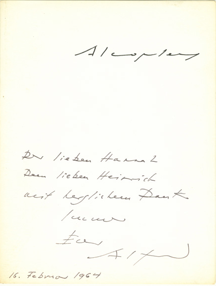 Dedication of Alcopley's Portfolio - Hannah Arendt Personal Library